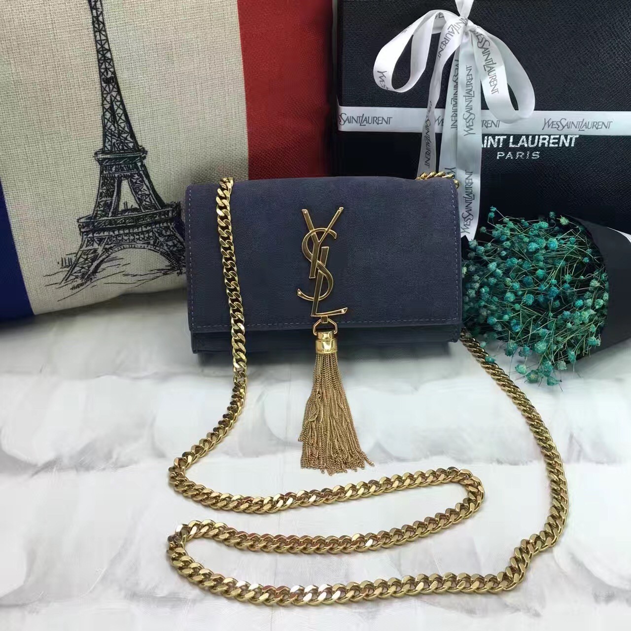 Replica YSL Small Tassel Chain Bag 17cm Suede Leather Grey Saint ...