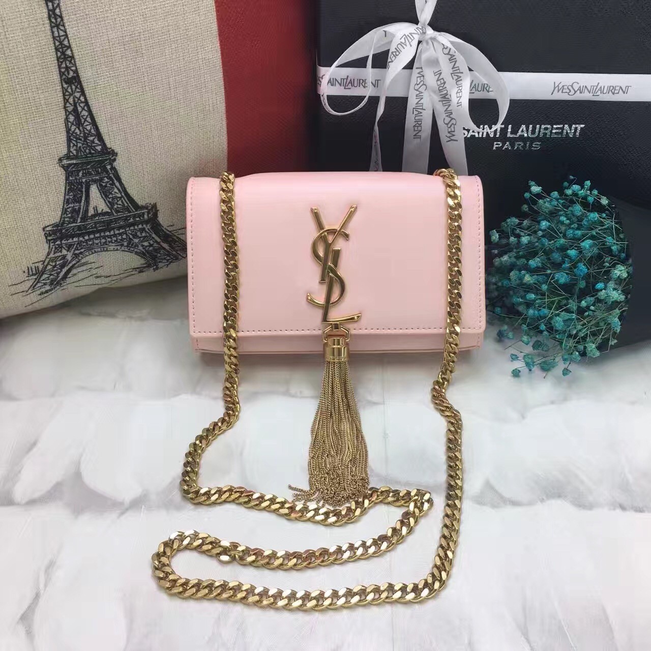 Replica YSL Small Tassel Chain Leather Bag 17cm Light Pink Gold Saint ...